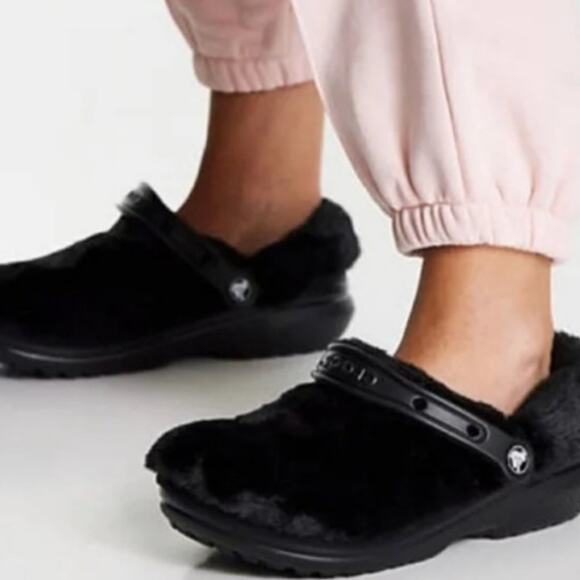 CROCS | Shoes | Crocs Black Fleece Faux Fur Sure Classic Clog Womens 9 ...